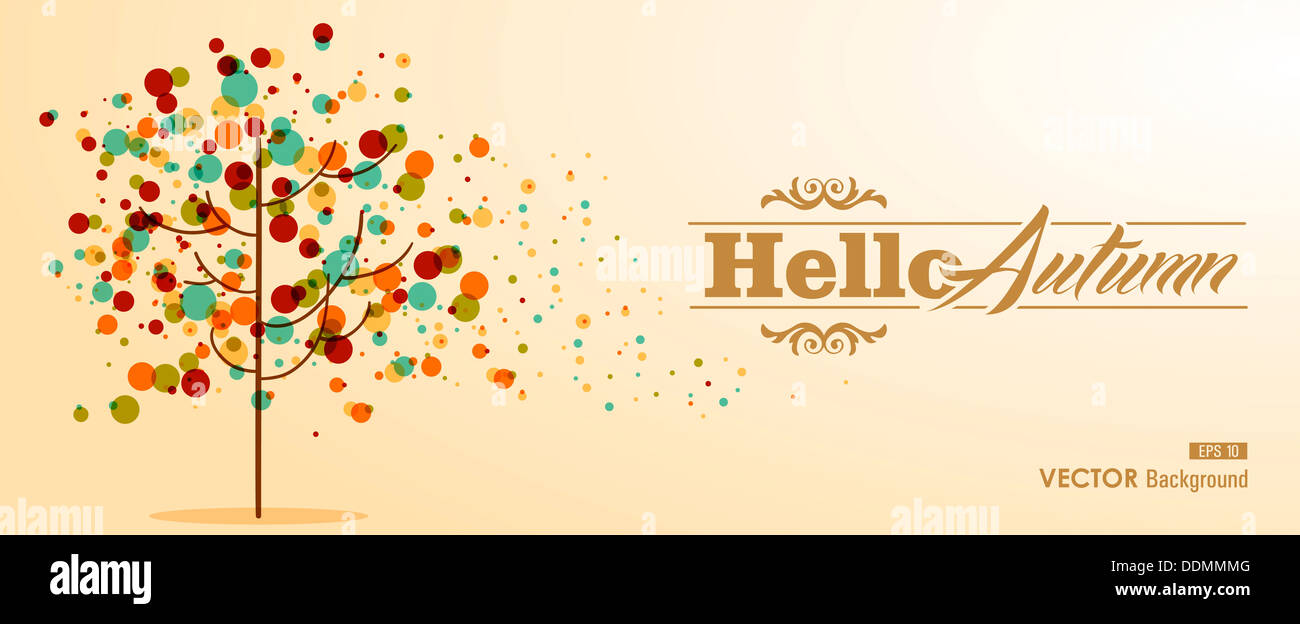 Hello autumn label text with transparent colorful bubbles tree. Useful ...
