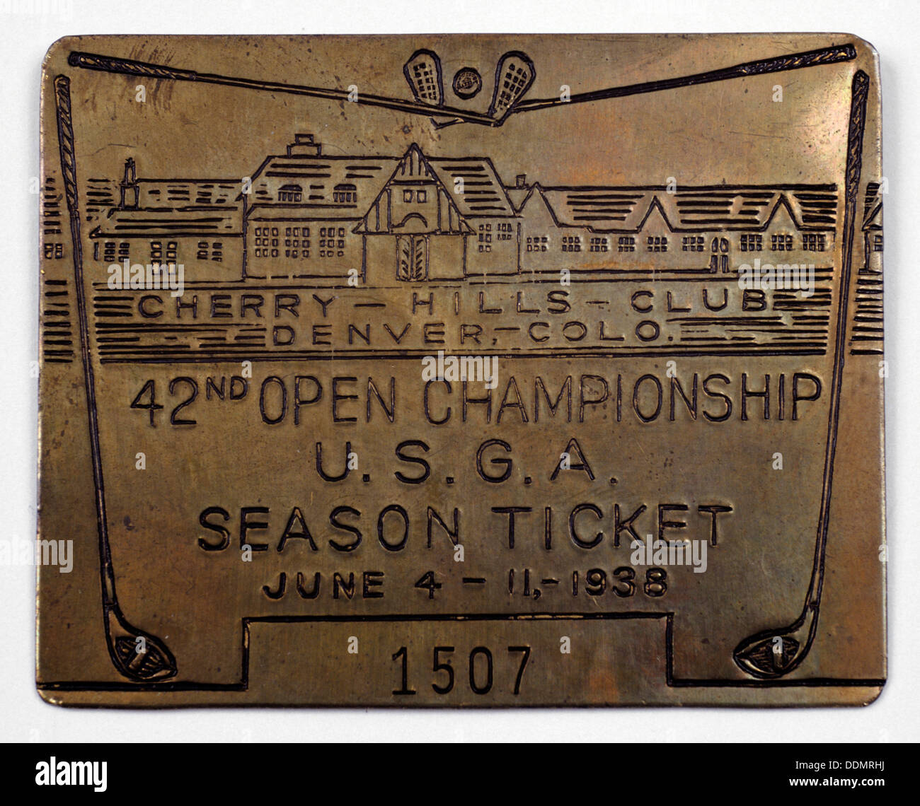 Metal season ticket to the US Open Golf Championship, 1938. Artist ...