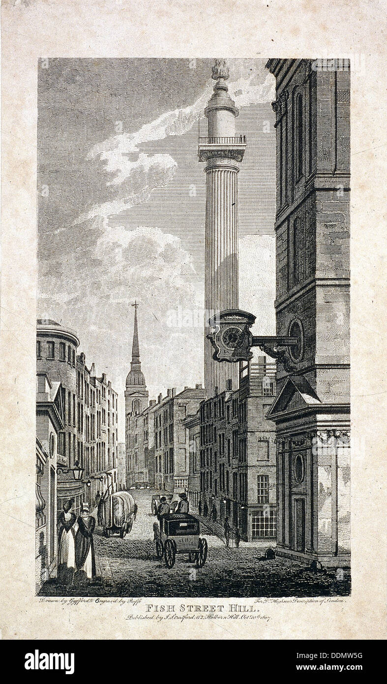 Fish Street Hill and the Monument, London, 1817. Artist: Robert Cabbel ...