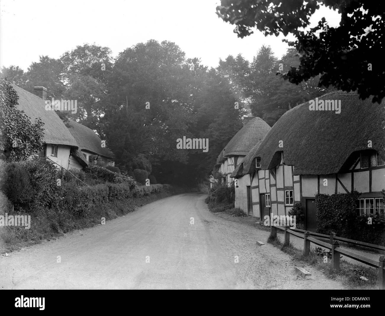 Timber-framed and thatched cottages at Wherwell, Hampshire, 1927 ...