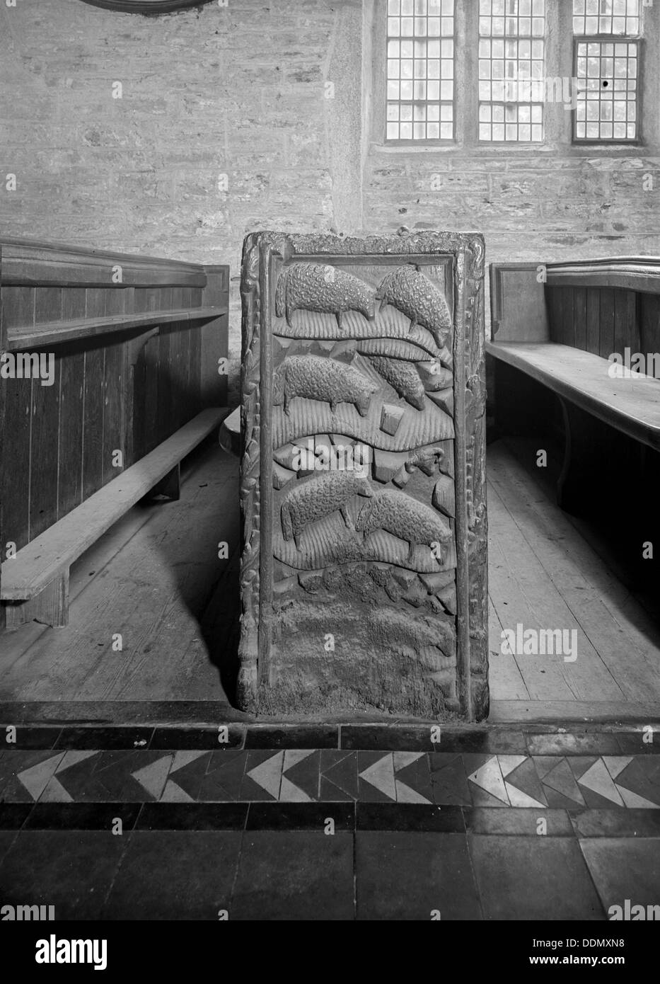 A pew end in St Nonna's church, Altarnun, Cornwall, 1957. Artist ...