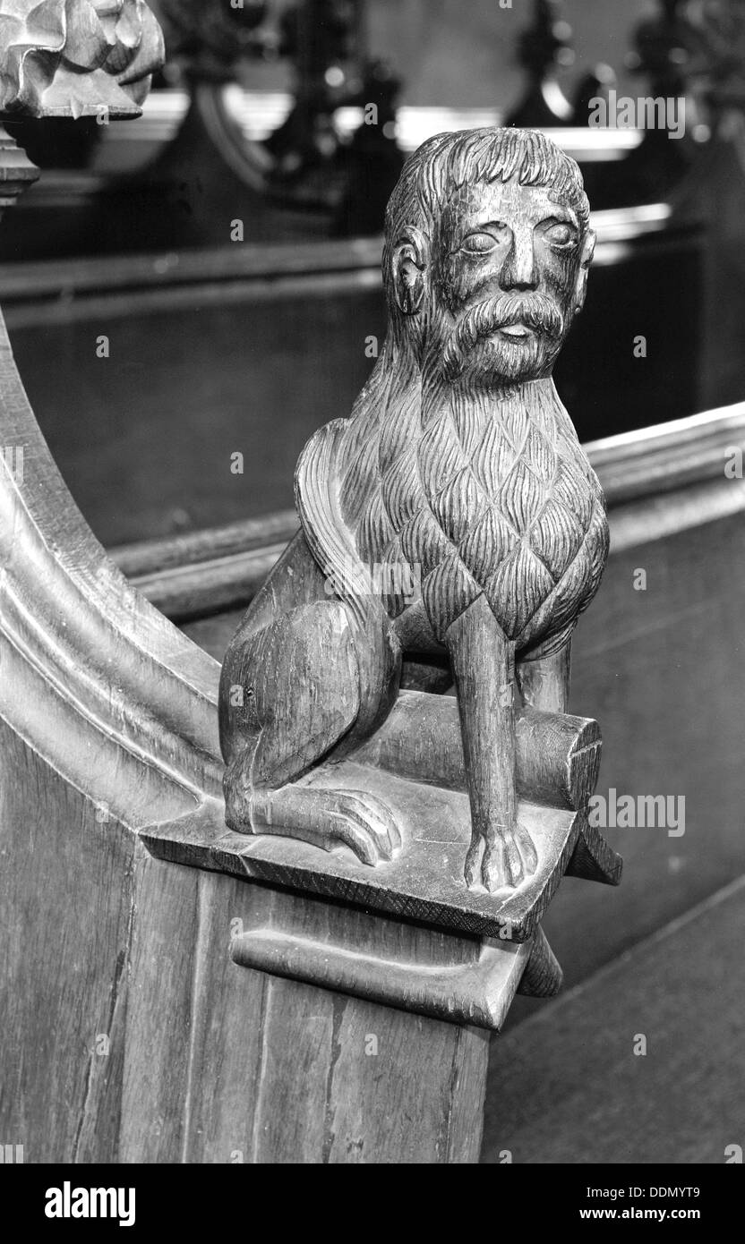 Late medieval bench end in St Mary's Church, Woolpit, Suffolk, c1965 ...