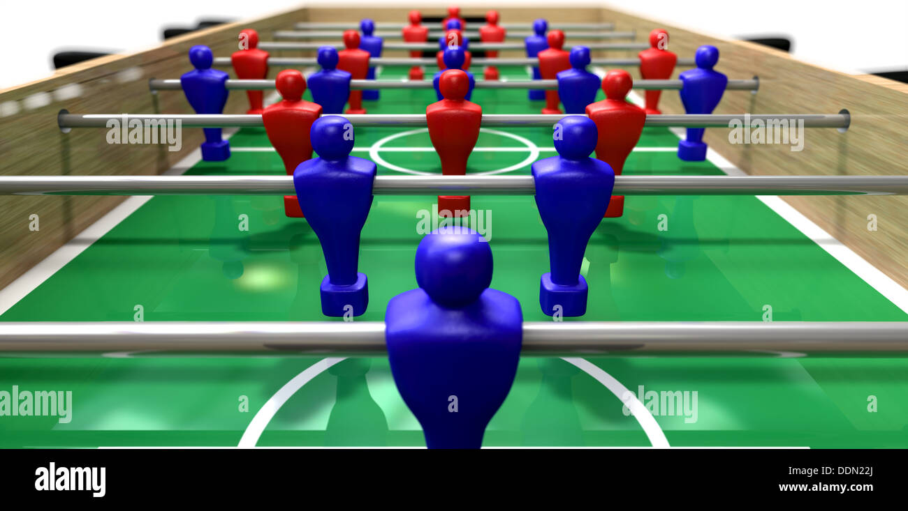 A perspective view of a wooden foosball table showing a blue and red ...