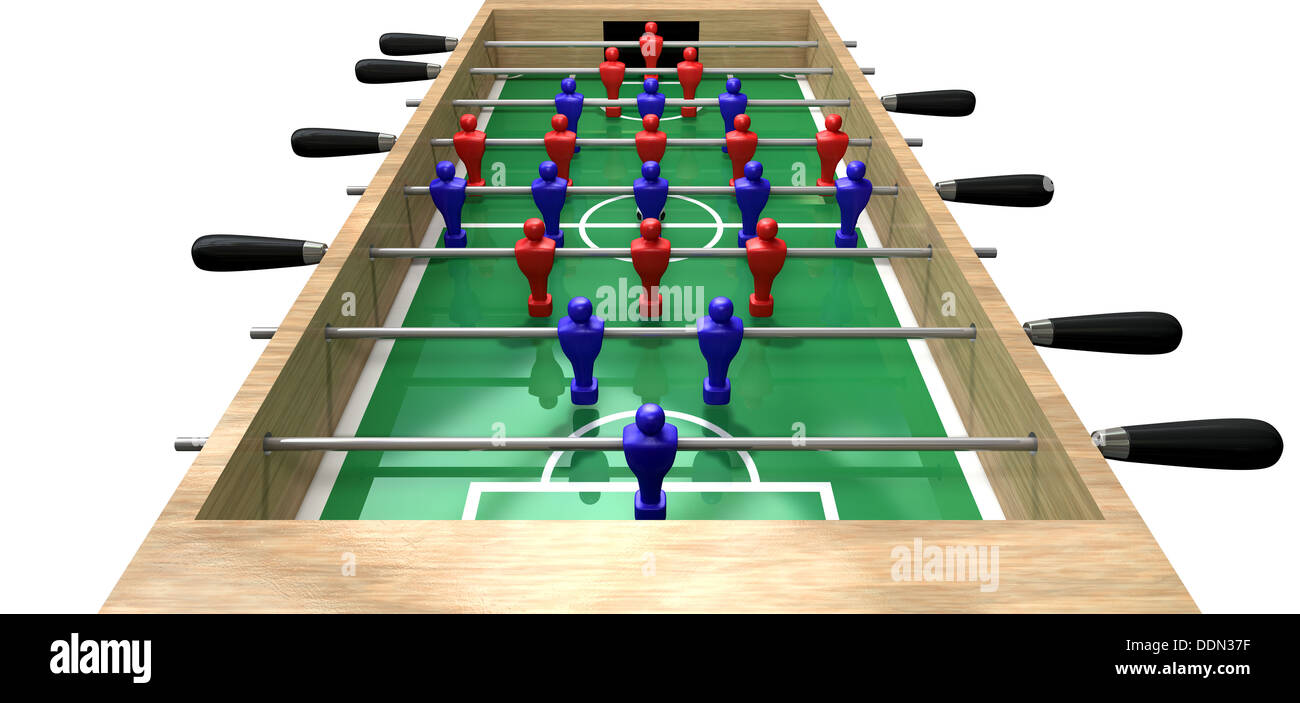 A perspective view of a wooden foosball table showing a blue and red ...