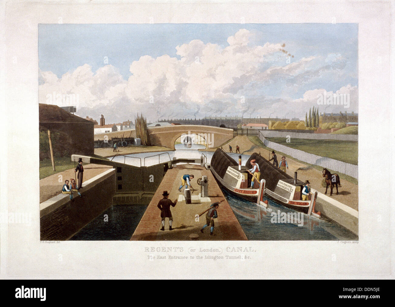 Regent's Canal, with barges, Islington, London, 1822. Artist: John ...