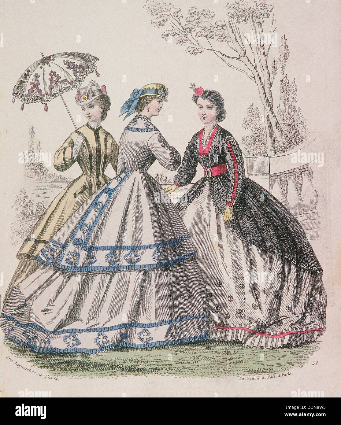 Three women wearing the latest fashions, one of the women is shading ...