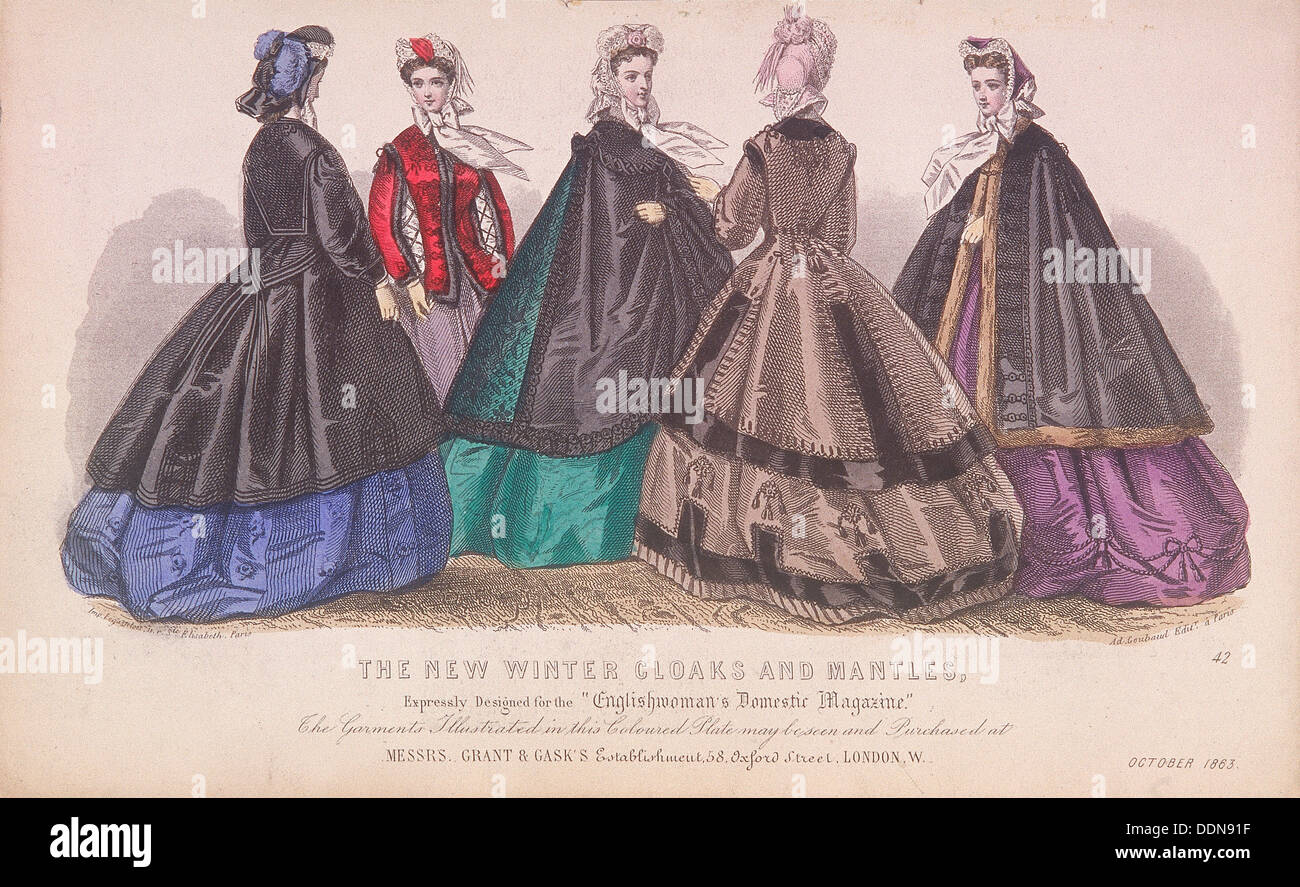 Five women wearing the latest winter fashions, 1863. Artist: Anon Stock ...
