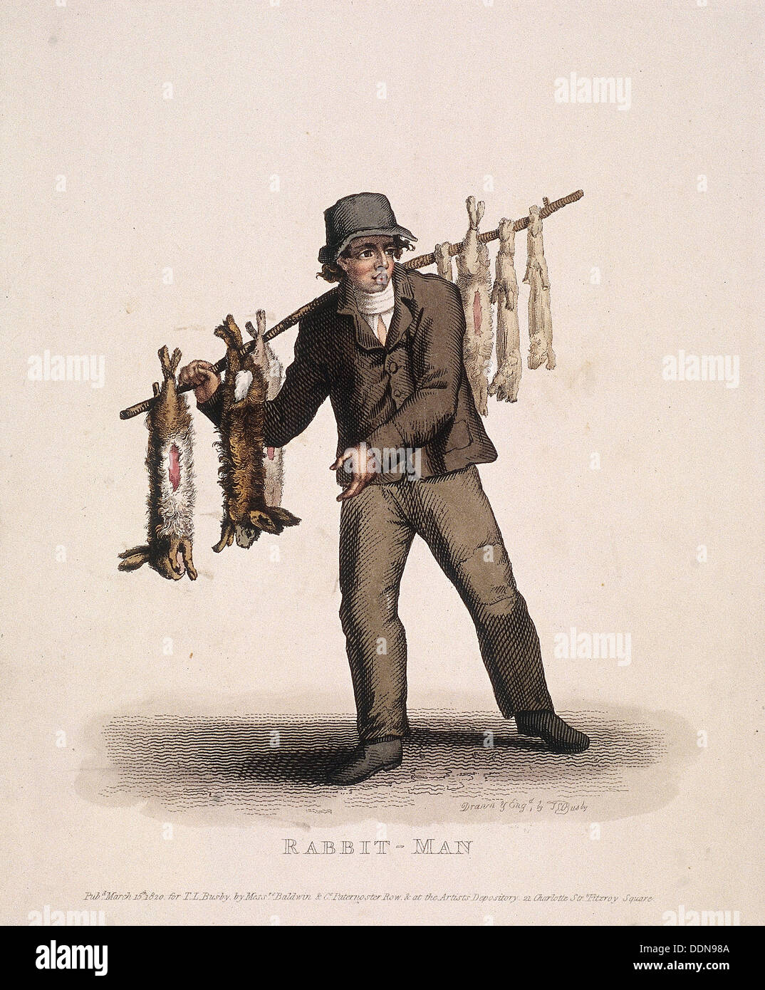 Rabbit seller carrying a pole hung with rabbits, 1820. Artist: Thomas ...