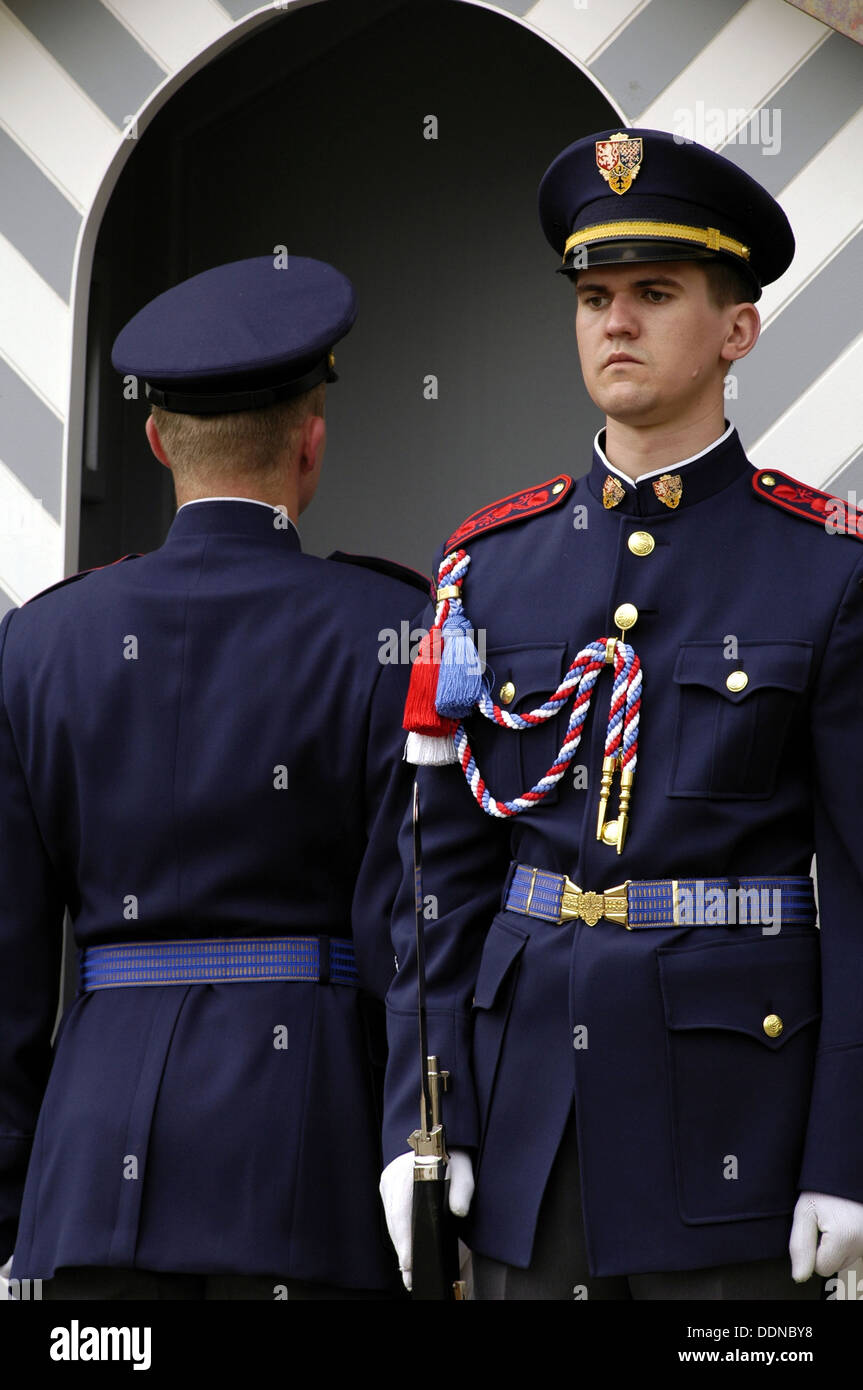 Armed members of the Castle Guard in dark blue ceremonial uniforms ...
