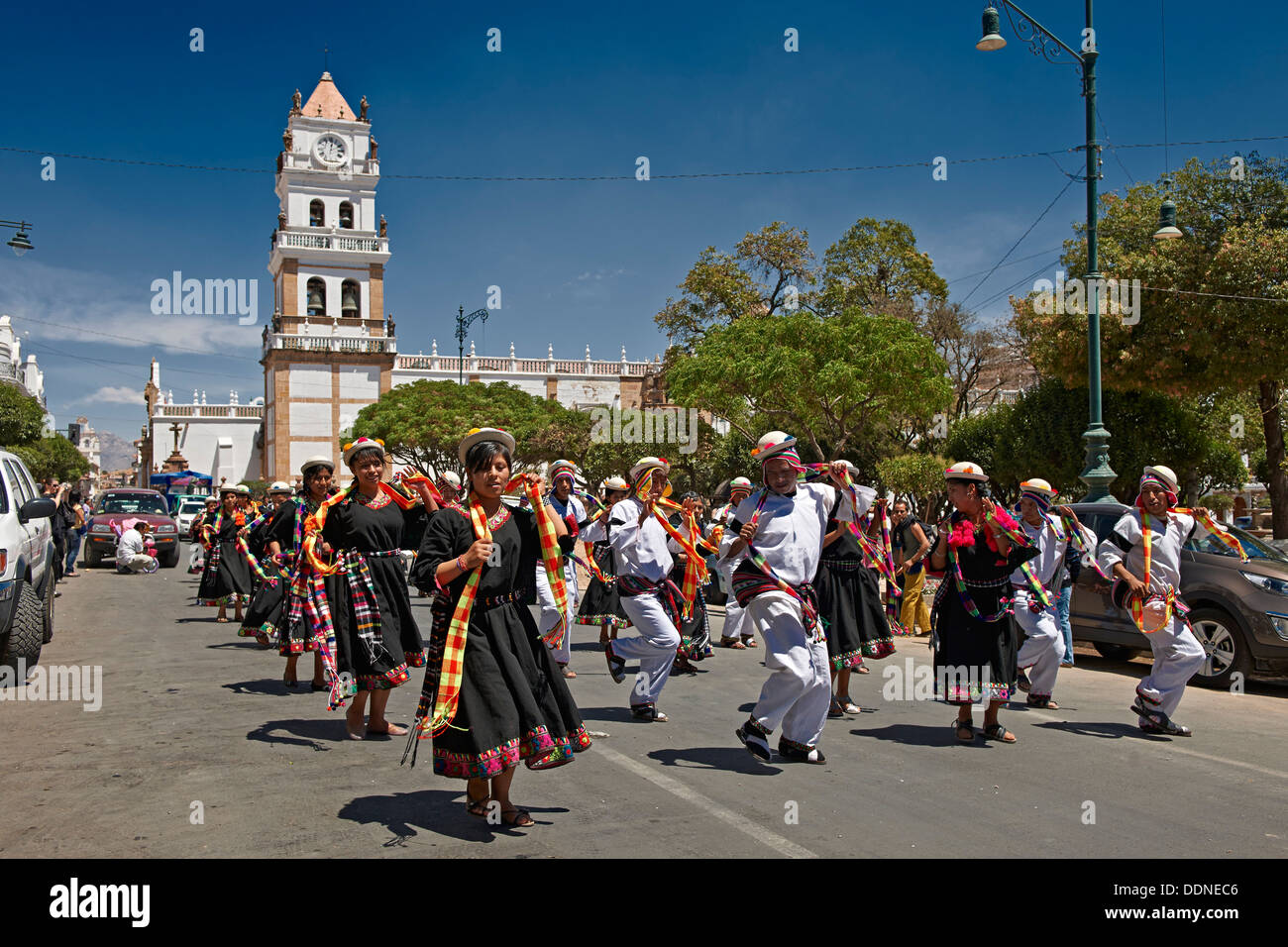 Locals in traditional clothing dancing in Sucre, Bolivia Stock Photo ...