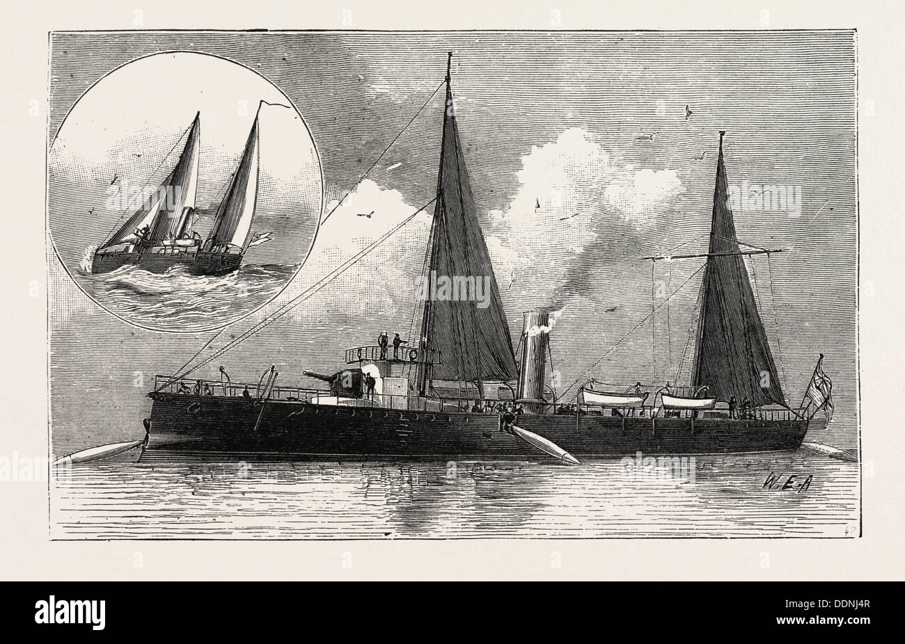 TORPEDO GUN BOAT, THE RATTLESNAKE LAUNCHING TORPEDOES, 1888 engraving ...
