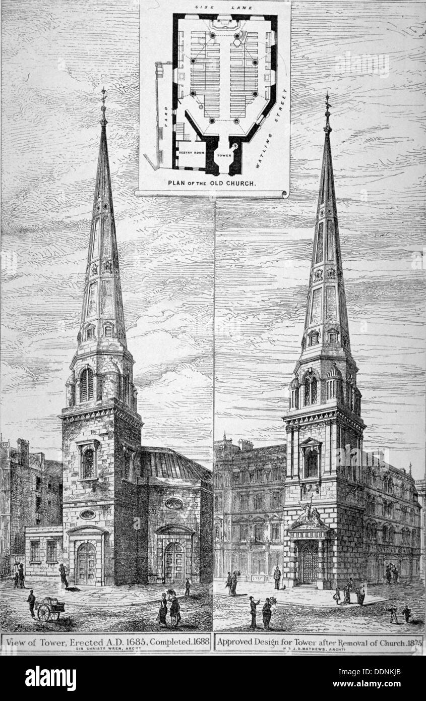 Two views of the tower of St Antholin, City of London, 1875. Artist ...