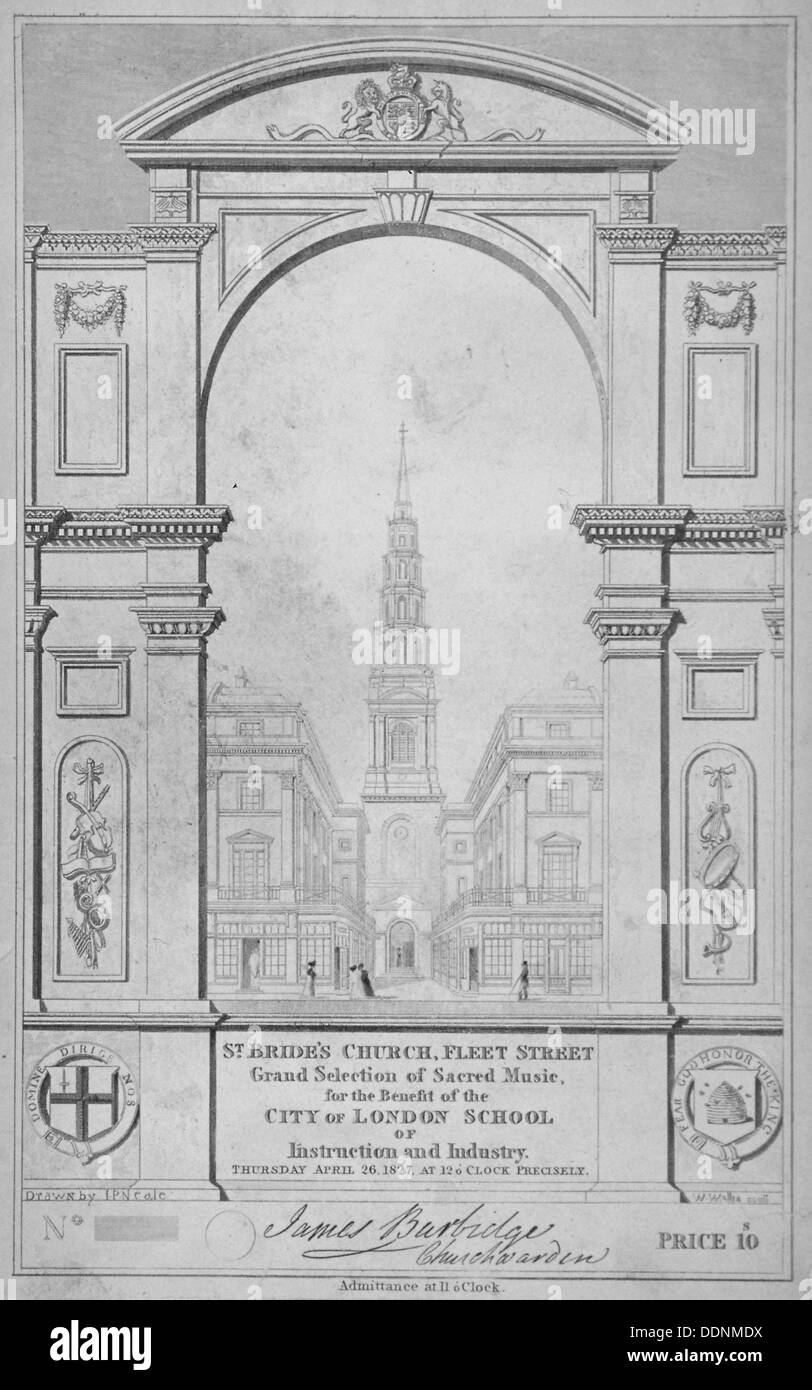 St Bride's Church, Fleet Street, City of London, 1827. Artist: W Wallis ...
