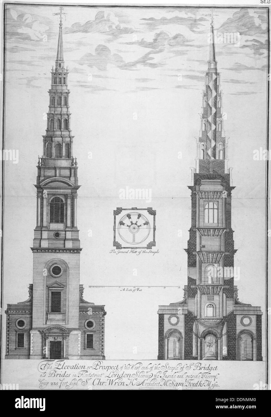 St Bride's Church, Fleet Street, City of London, 1700. Artist: Anon ...