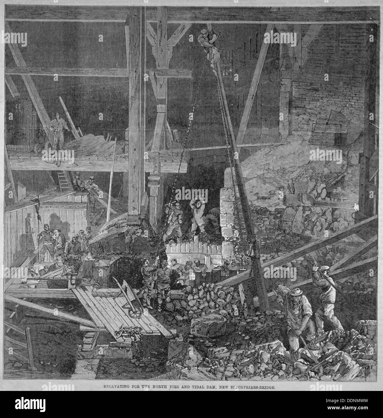 Excavation work for the north pier and tidal dam at Blackfriars Bridge ...