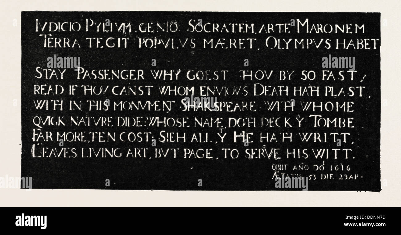 INSCRIPTION ON THE MEMORIAL TABLET TO SHAKESPEARE, HOLY TRINITY CHURCH ...