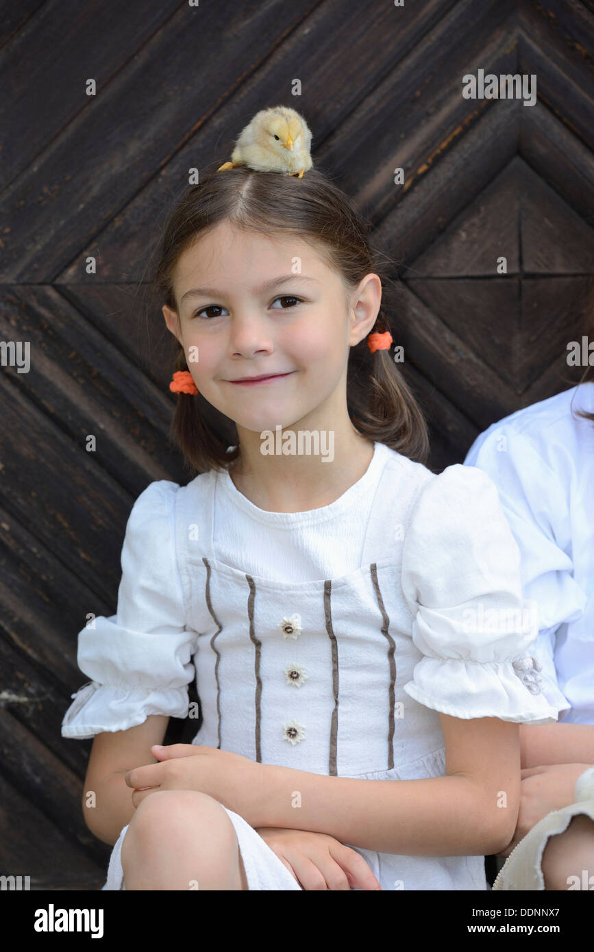 Girl with a chicken chick on her head Stock Photo - Alamy