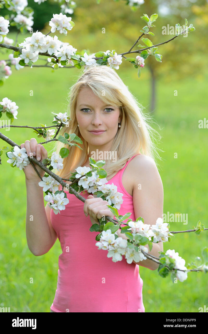 Blond young woman standing beside a flowering apple tree Stock Photo ...