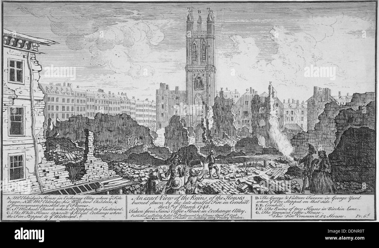 Ruins of houses burnt down in a fire in Cornhill, City of London, 25 ...