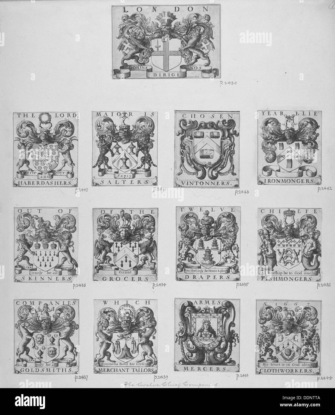 Arms of the twelve chief City Livery Companies surmounted by the arms ...