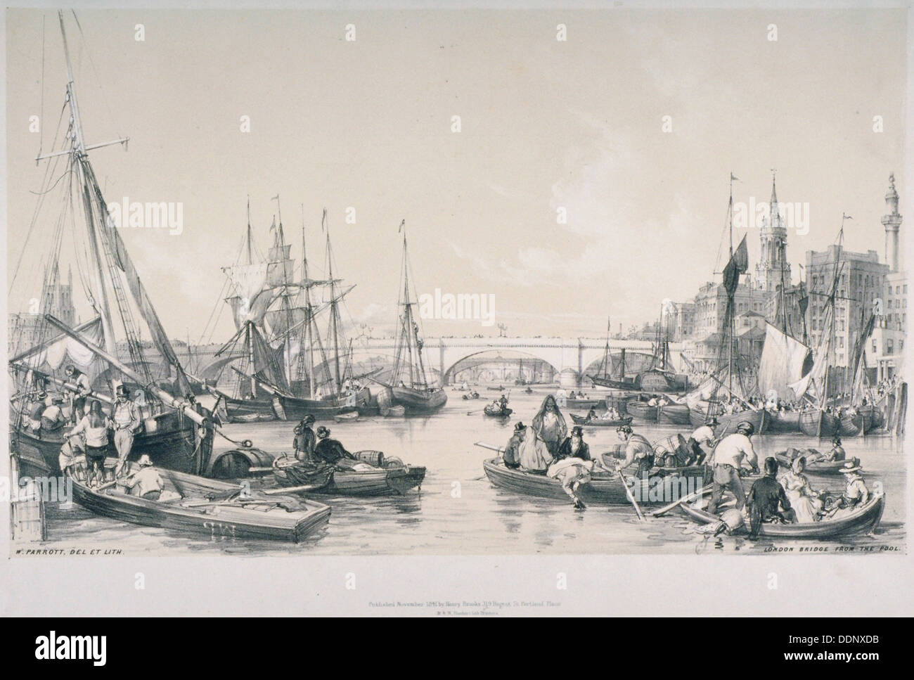 View of the new London Bridge from the pool of the River Thames, 1841 ...