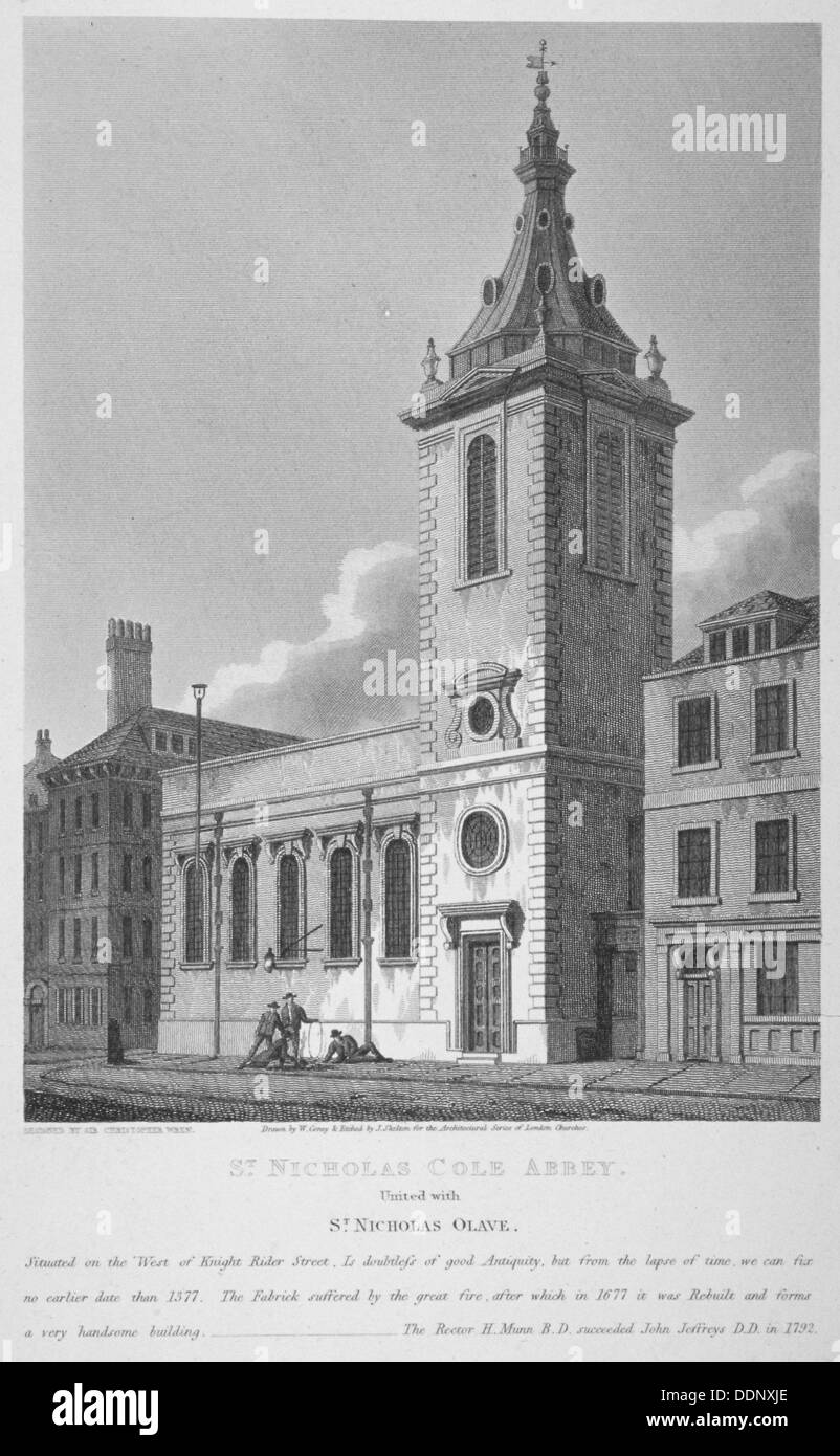View of St Nicholas Cole Abbey and Knightrider Street, City of London ...