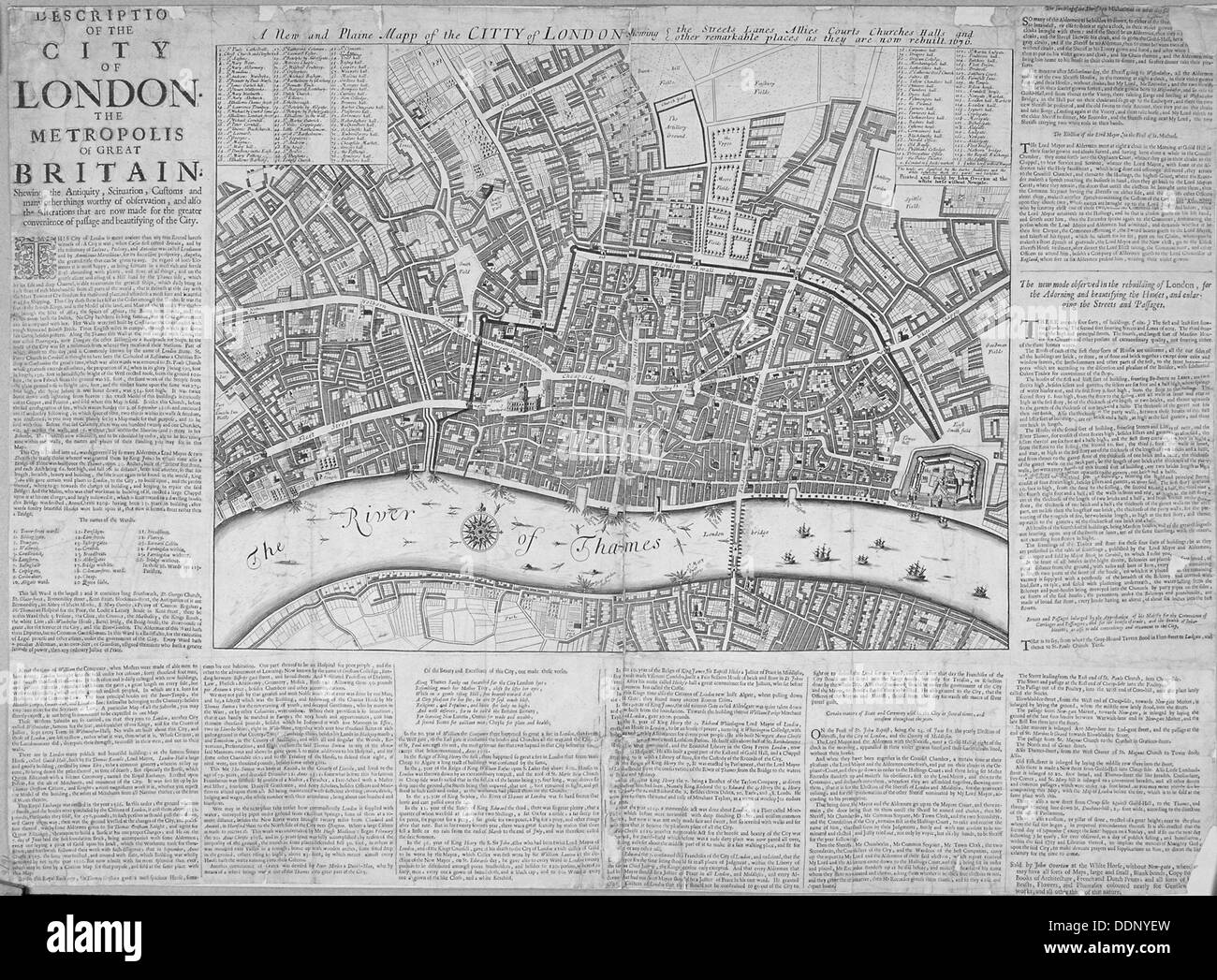 Map of the City of London surrounded by descriptive text, 1676. Artist ...