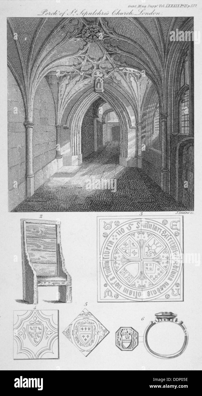 Interior view of the porch of St Sepulchre Church, City of London, 1819 ...