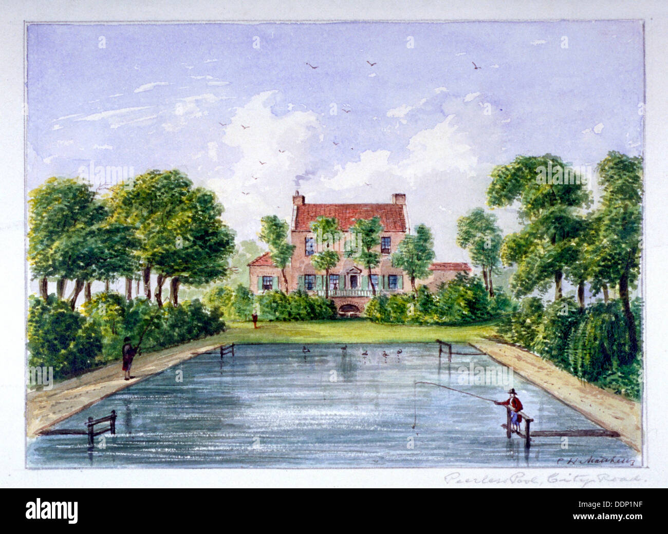 People fishing in Peerless Pool, City Road, Finsbury, London, c1800 ...