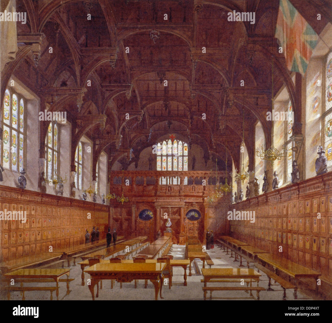 Interior view of Middle Temple Hall from the high table with figures ...