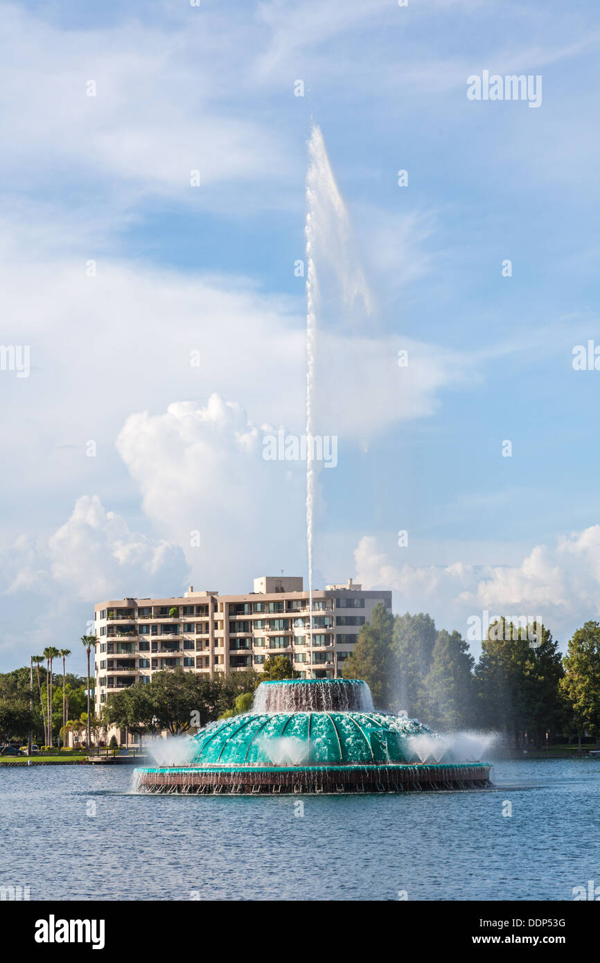 High rise buildings behind the fountain at Lake Eola in downtown ...