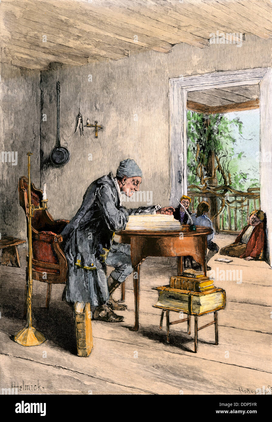 Schoolmaster reading at his desk in a colonial classroom. Hand-colored ...