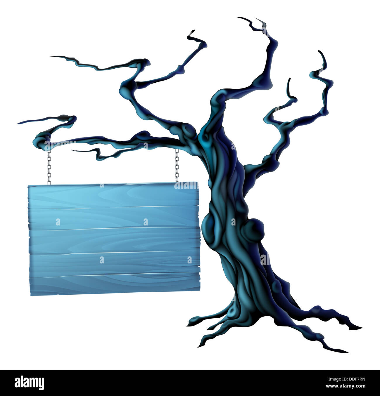 An illustration of a bare spooky scary Halloween tree with a suspended ...