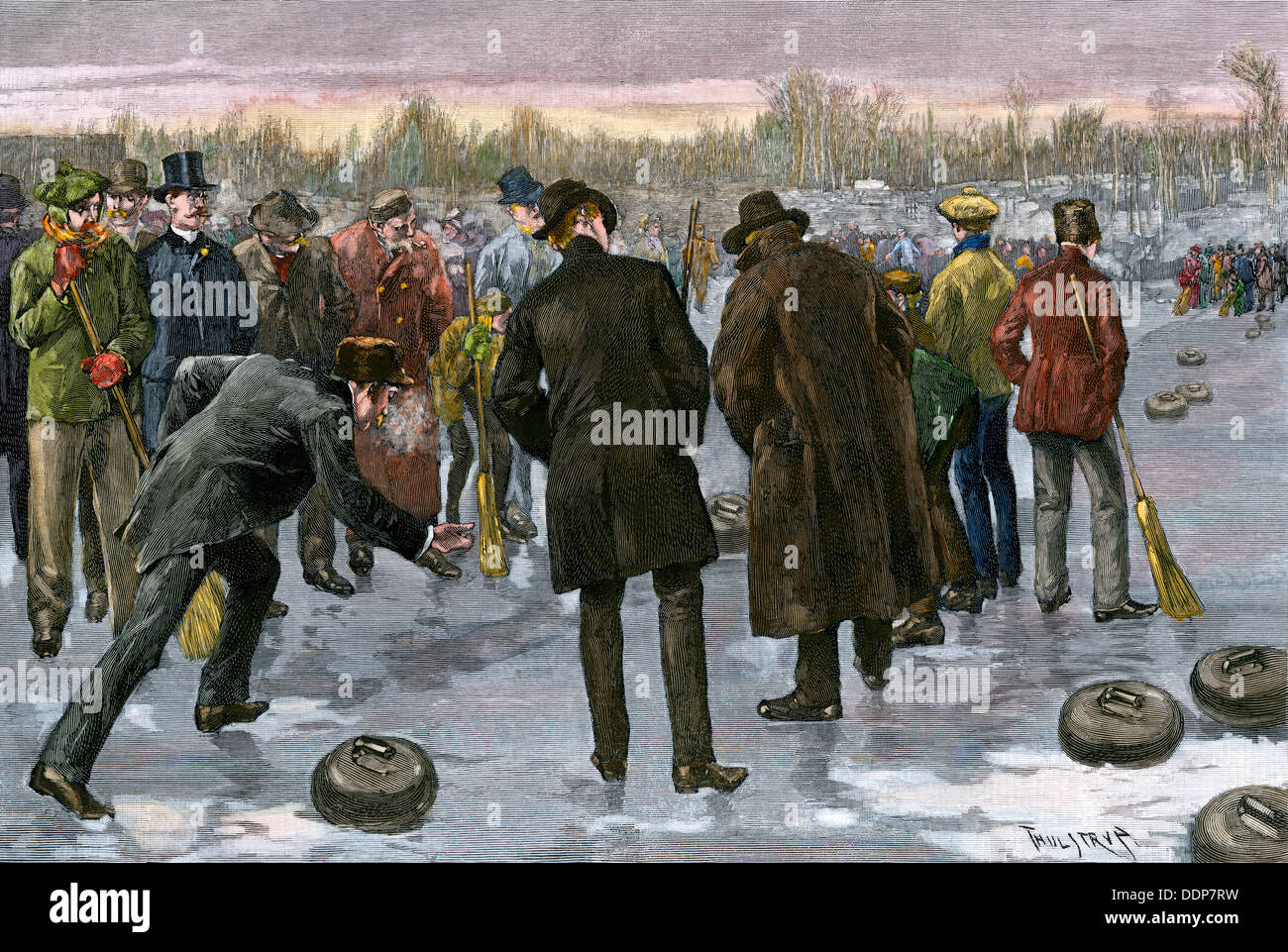 Curling match on a frozen lake in Canada, 1880s. Hand-colored woodcut ...