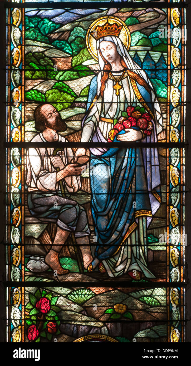 Catholic stained glass window from a church of the north of Serbia ...