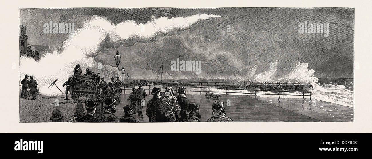 DOVER, THE BRIGADE AT PRACTICE FIRING A, ROCKET OVER THE END OF THE ...