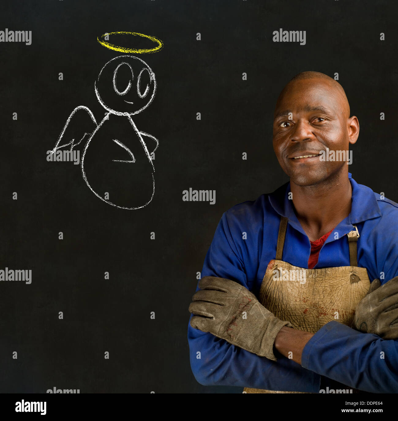 African black man industrial worker with chalk angel on blackboard ...