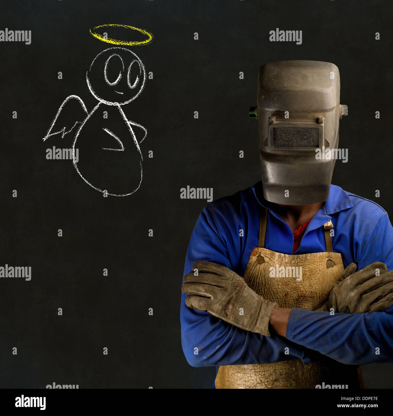 African black man industrial worker with chalk angel on blackboard ...