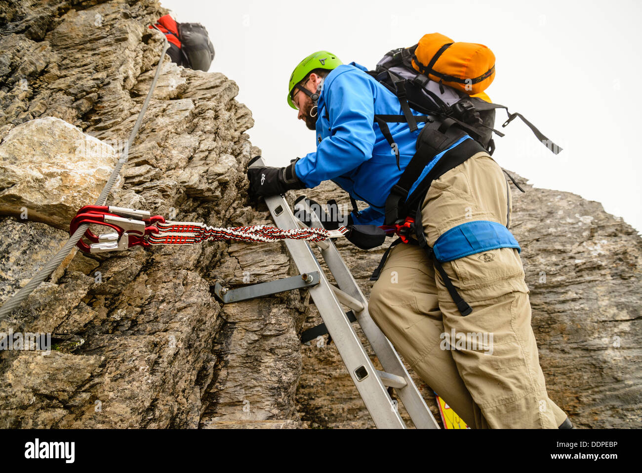 Climbers on the Rotstock Via Ferrata. The Rotstock is a small ...
