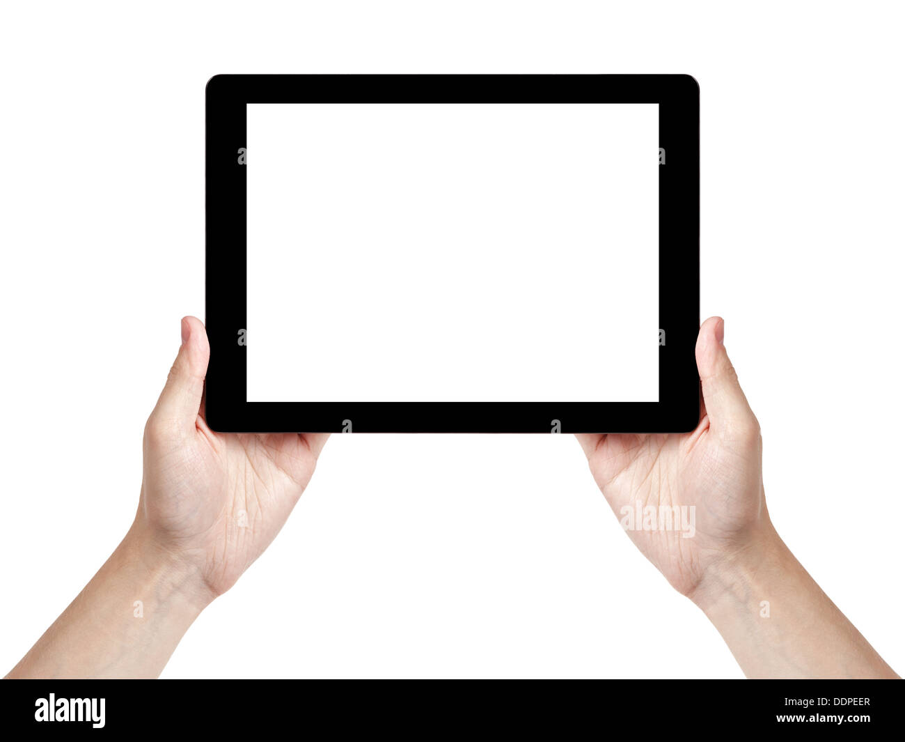 adult man hand holding generic tablet pc with white screen, isolated ...