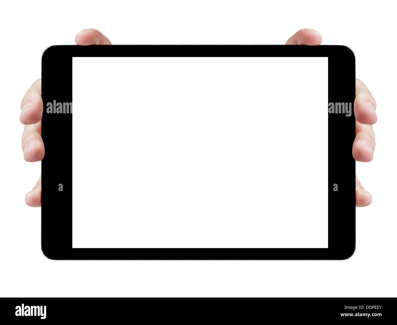 female teen hands showing generic tablet pc with blank screen, isolated ...