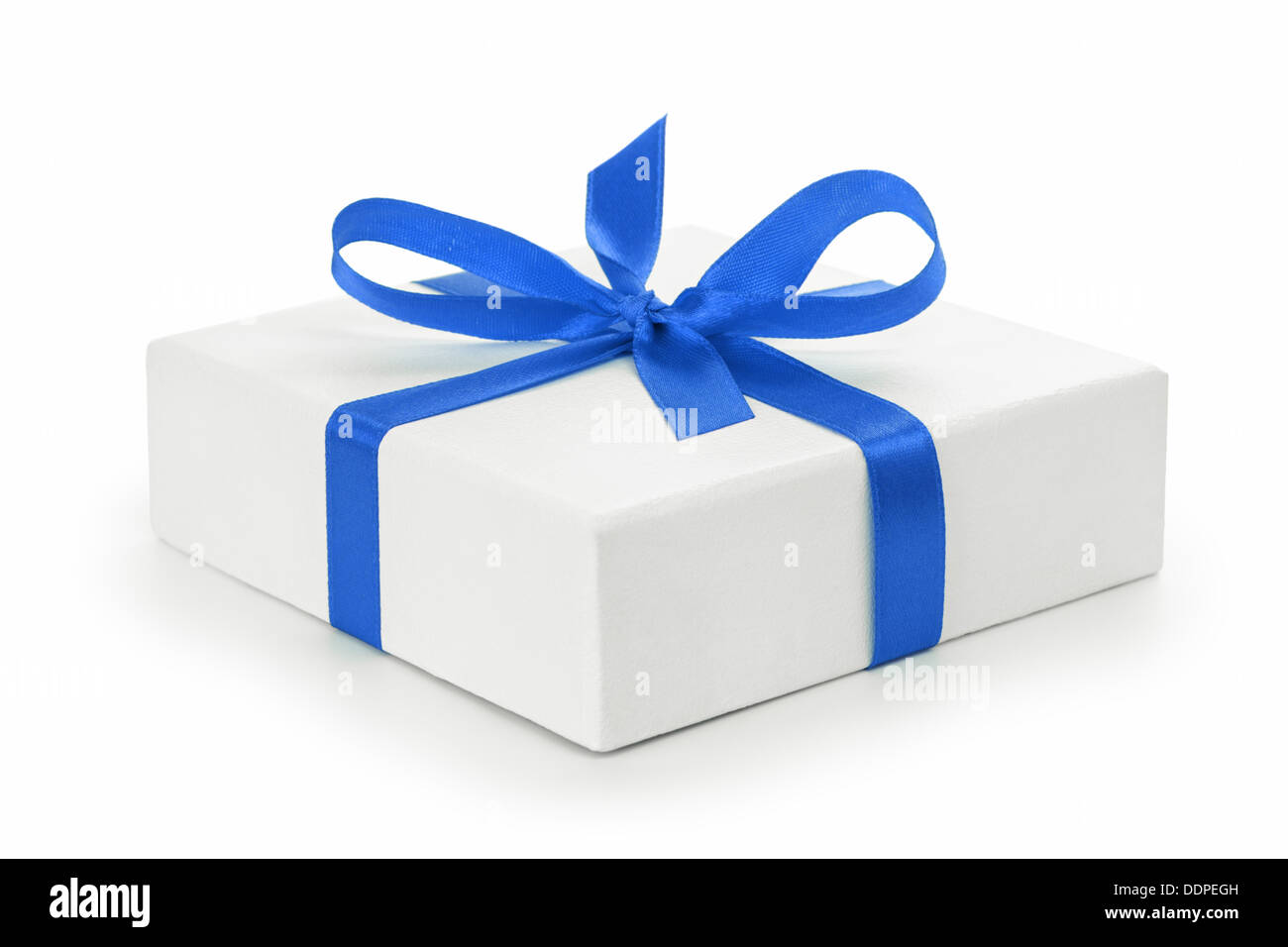 white textured gift box with blue ribbon bow, isolated on white Stock ...