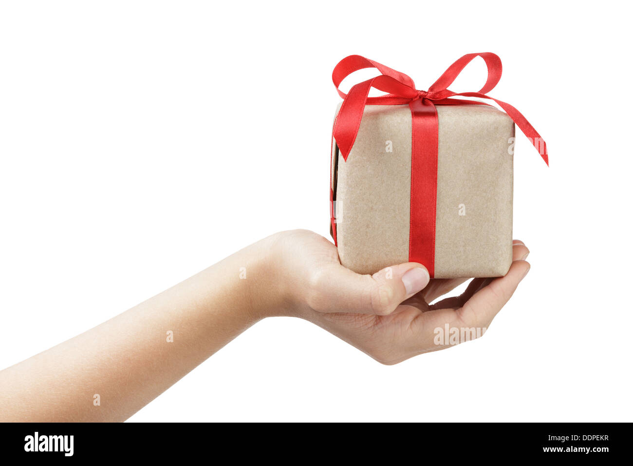small gift box with ribbon bow in female hand, isolated Stock Photo - Alamy