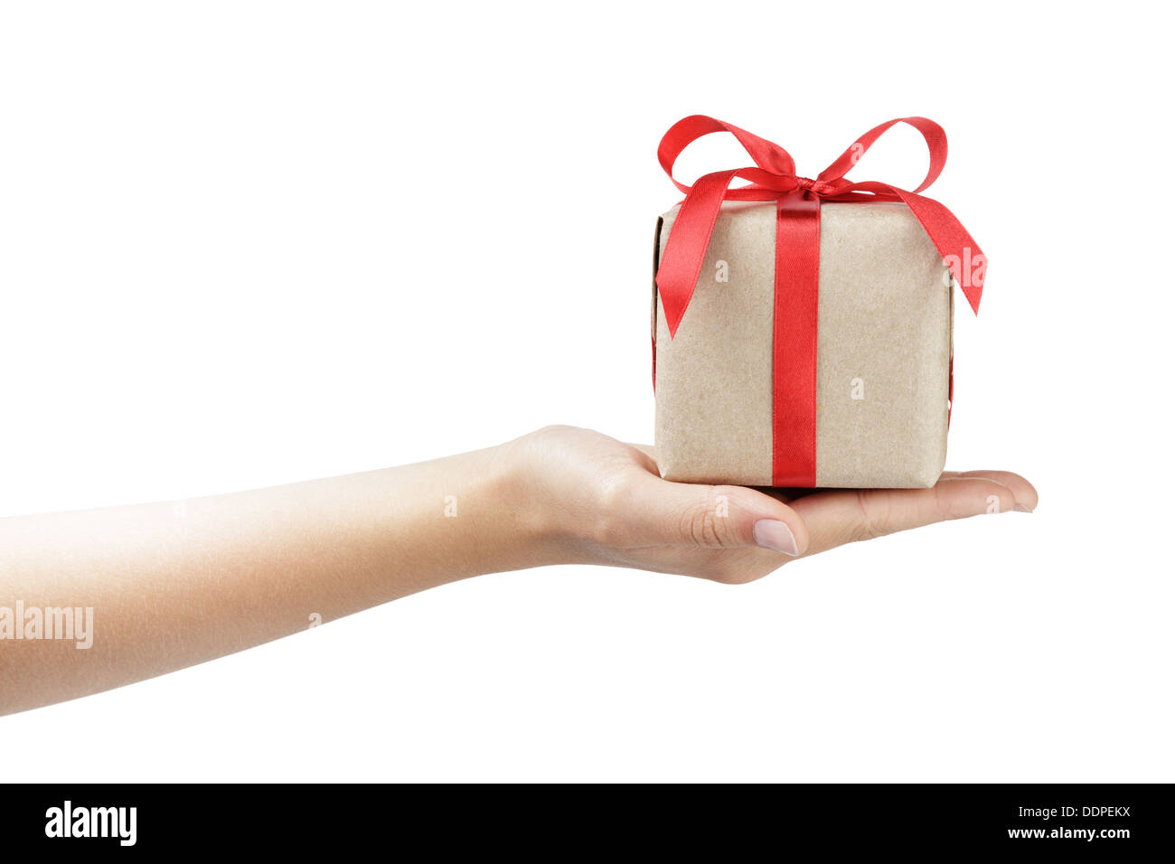small gift box with ribbon bow in female hand, isolated Stock Photo - Alamy