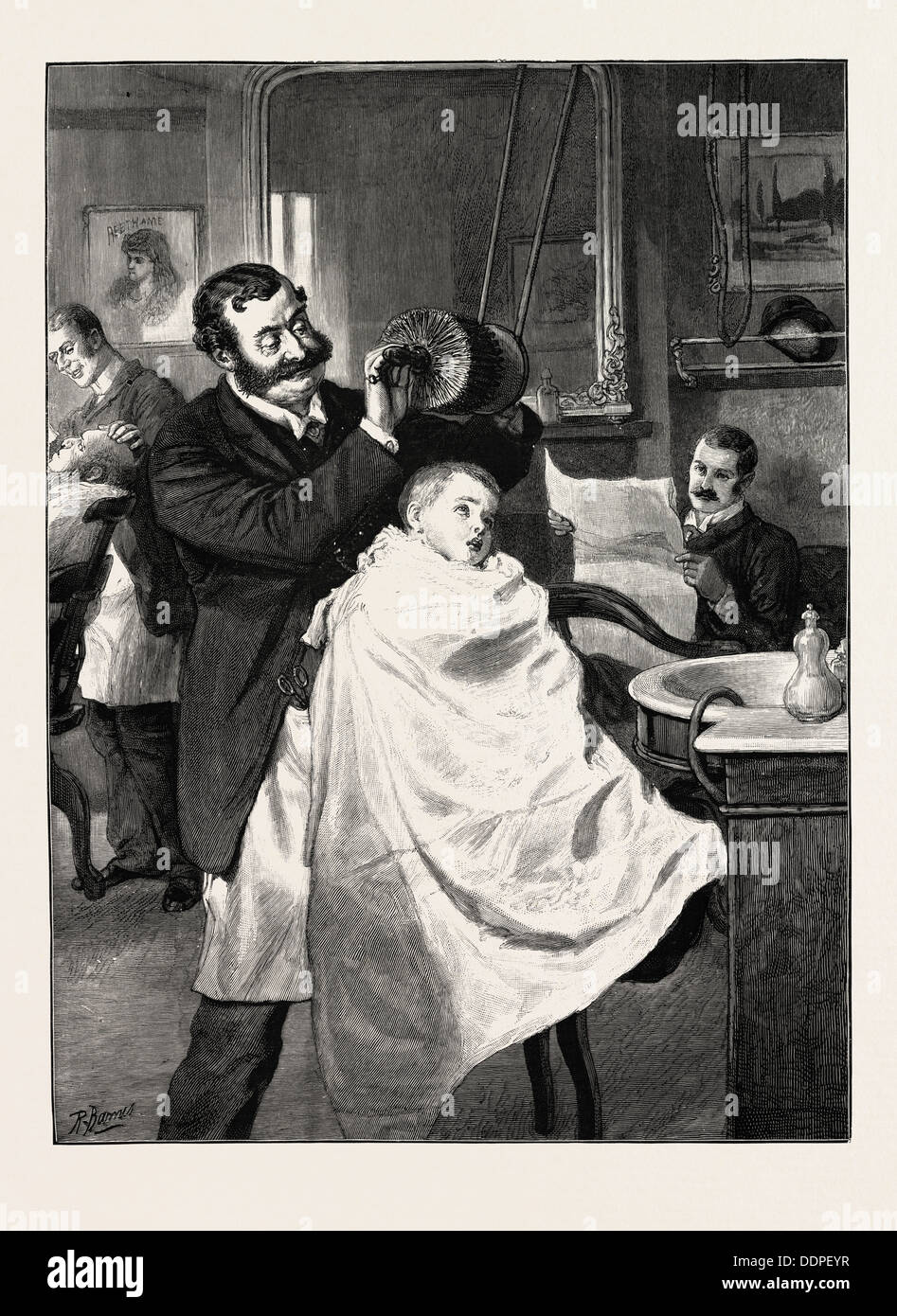 HIS FIRST VISIT TO THE BARBER'S, HARD OR MEDIUM, SIR?, engraving 1890 ...
