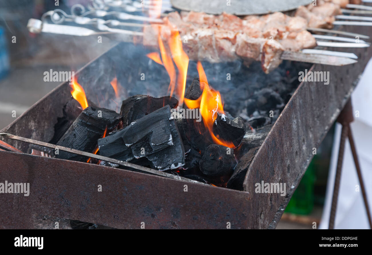 Traditional preparation of a shish kebab on fire closeup Stock Photo ...