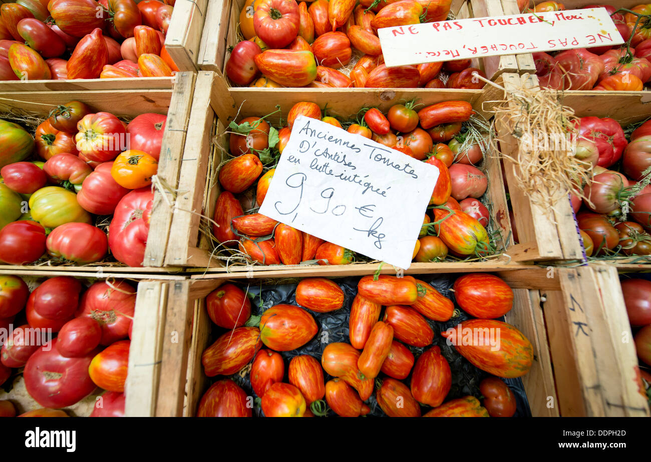 rustic tomatoes for sale in a traditional Provencale food market in the ...