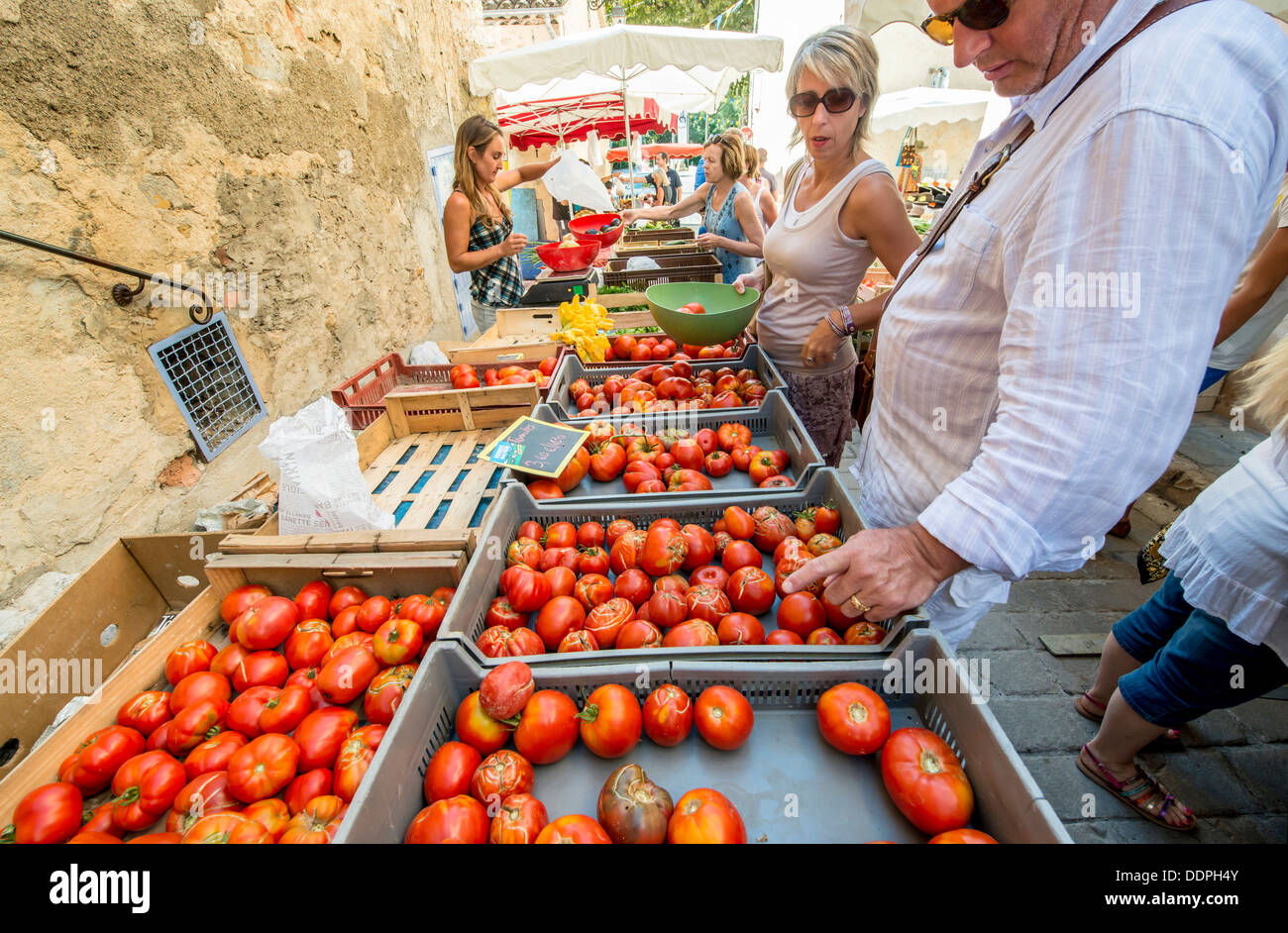 rustic tomatoes for sale in a traditional Provencale market in the ...