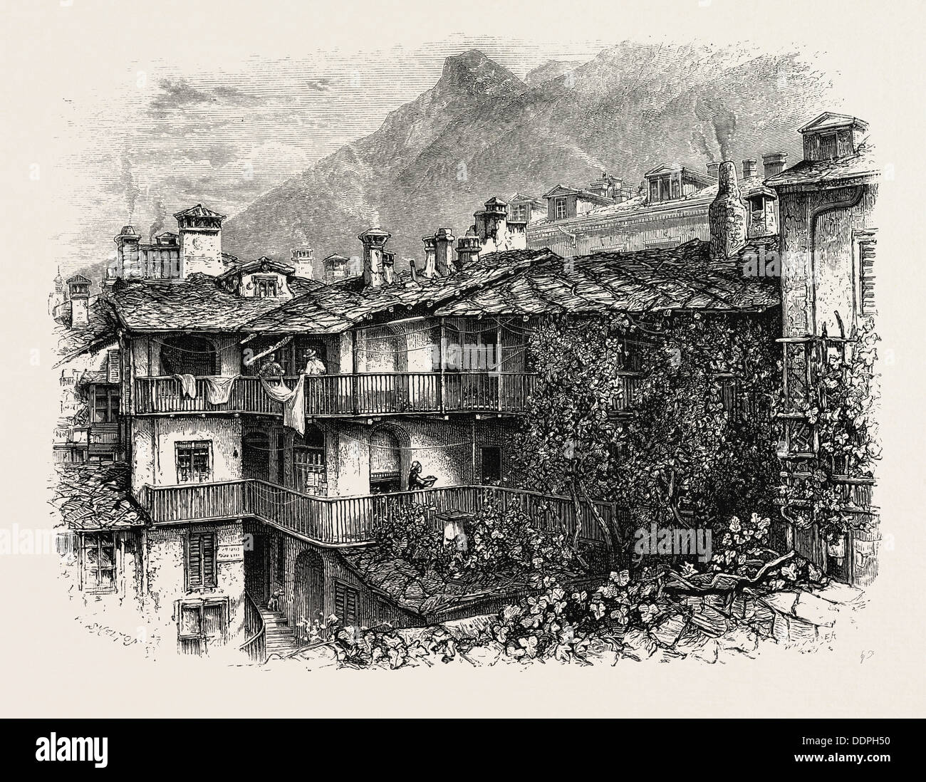 Inn at La Torre, the passes of the alps, 19th century engraving Stock ...