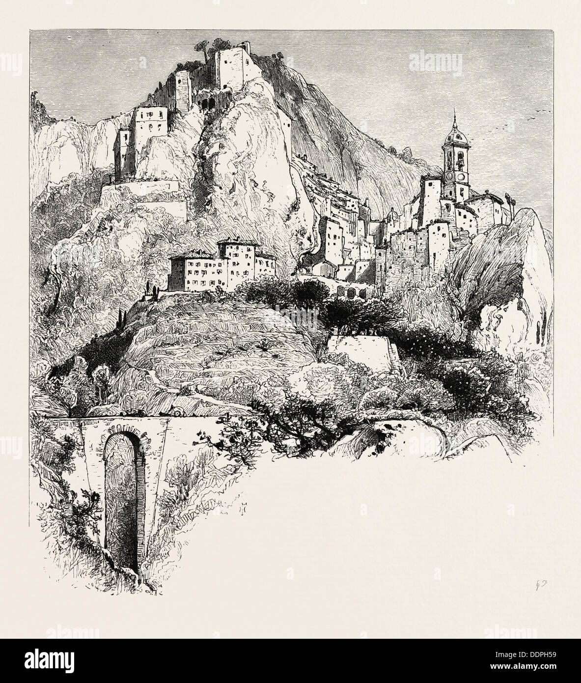 Rocca Bruna, Roccabruna, the Cornice road, 19th century engraving Stock ...